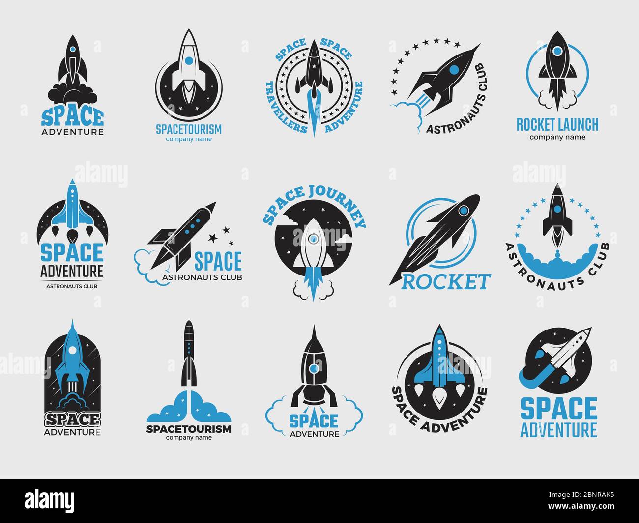 Rocket logo. Space satelite retro shuttle moon discovery logotypes of ...