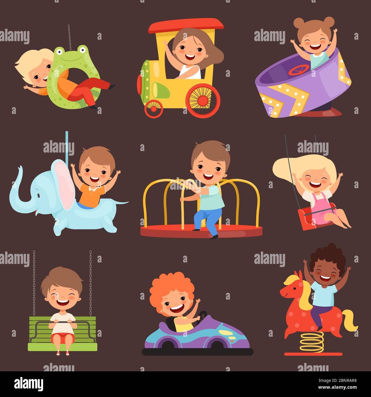 Amusement park kids. Playing happy and funny childrens boys and girls ...