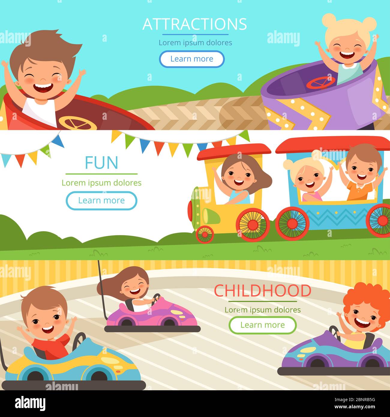 Amusement park banners. Family and happy kids walking and playing games ...