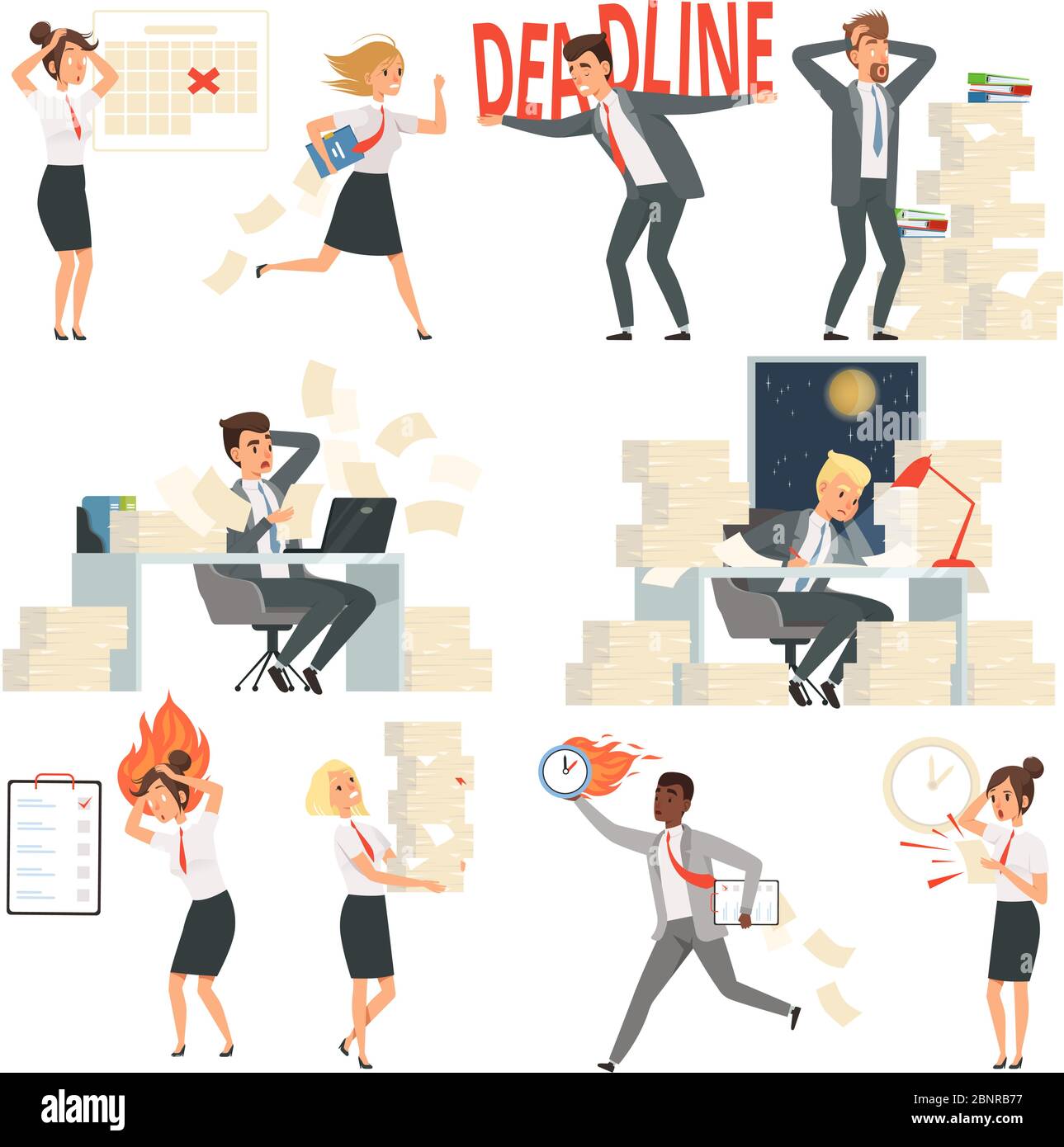 Stressed office people. Overworked deadline time busy business managers night workers vector ...