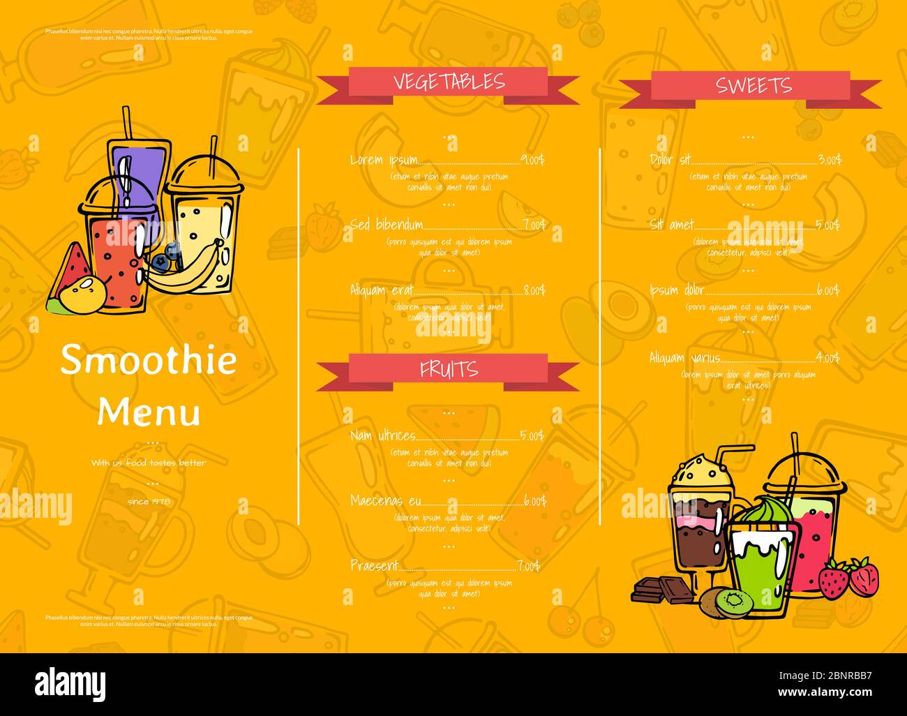 Vector doodle smoothie cafe or restaurant menu template illustration ...