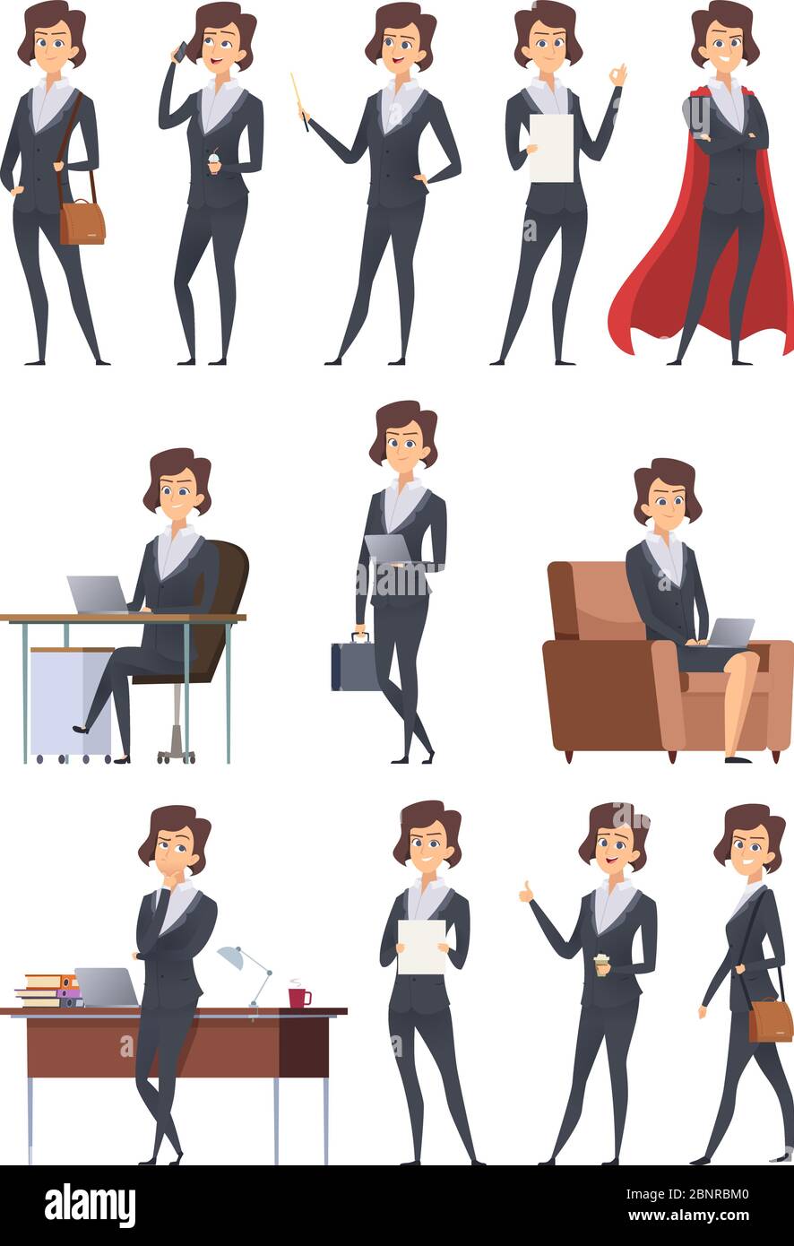 Female business characters. Company office workers action pose making ...