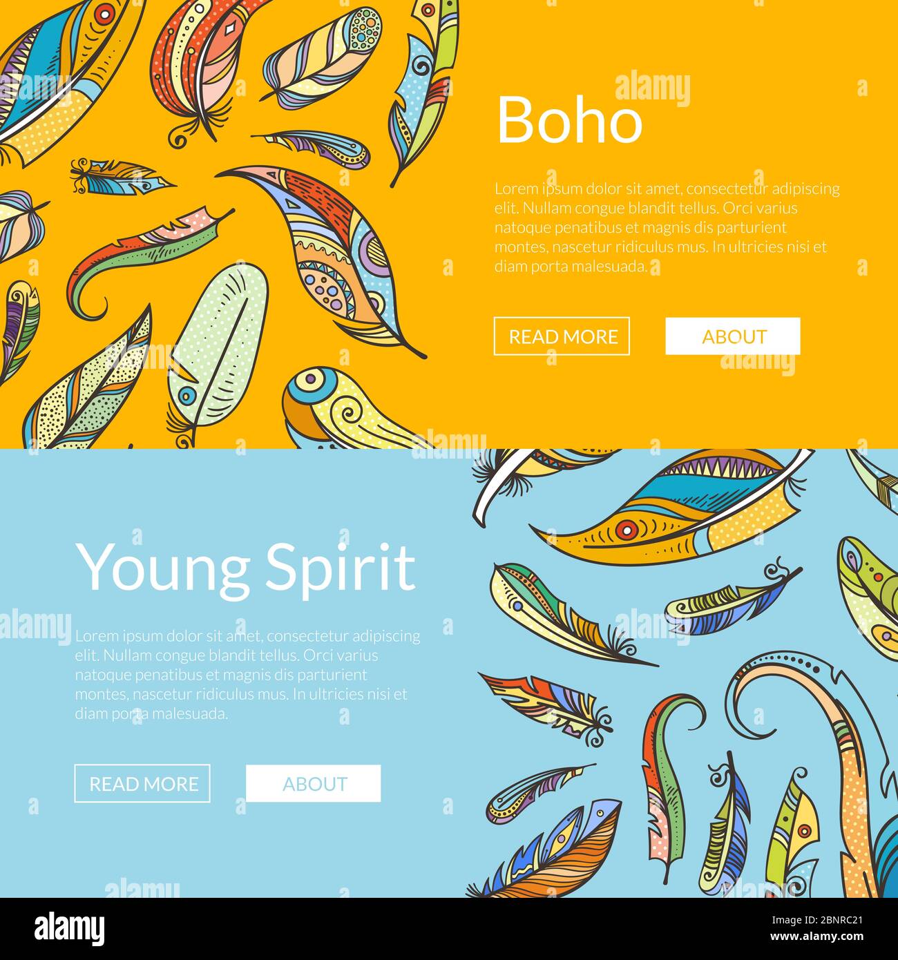 Vector boho doodle feathers web banner templates illustration Stock ...