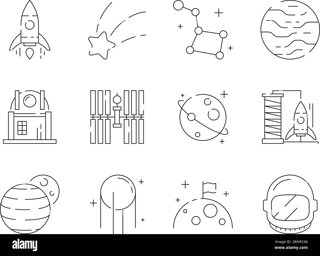 Space thin icon. Universe earth discovery astronaut rocket observatory ...