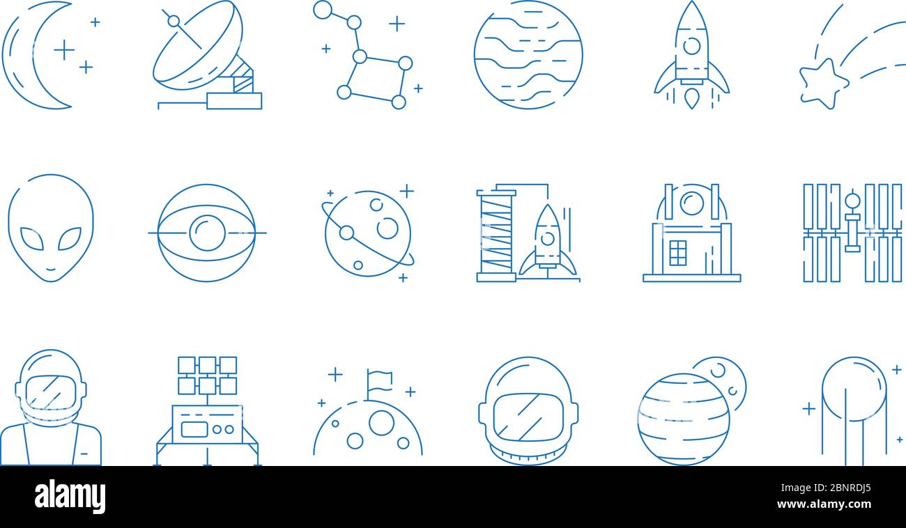 Space line icon. Moon astronomy station rocket astronaut alien stars ...