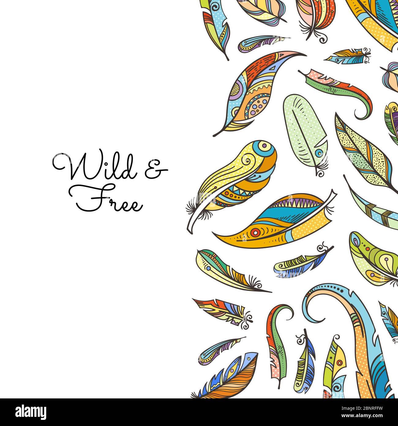Vector boho doodle colored feathers background illustration Stock ...