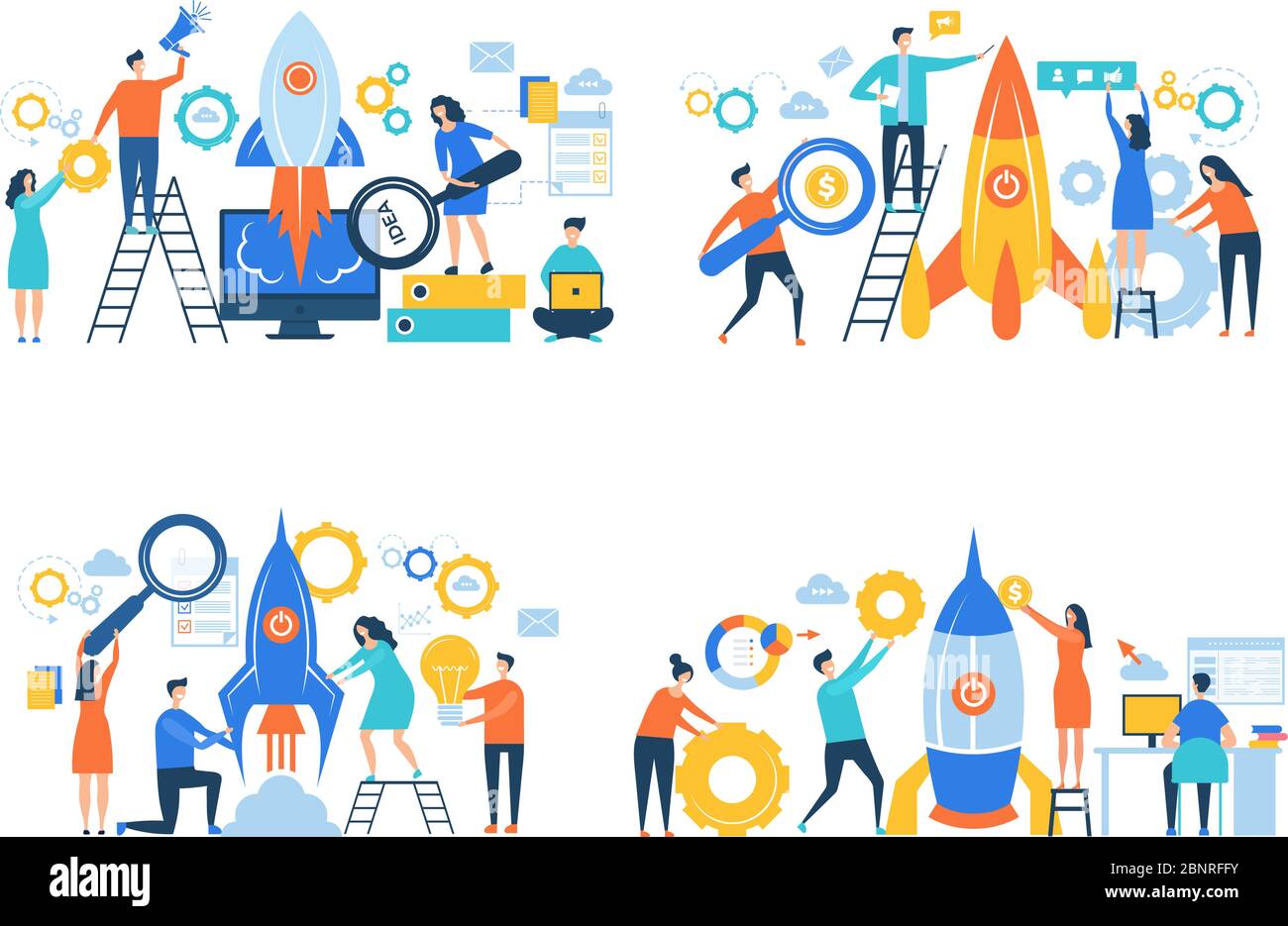 Startup business characters. Rocket launch success people making work ...