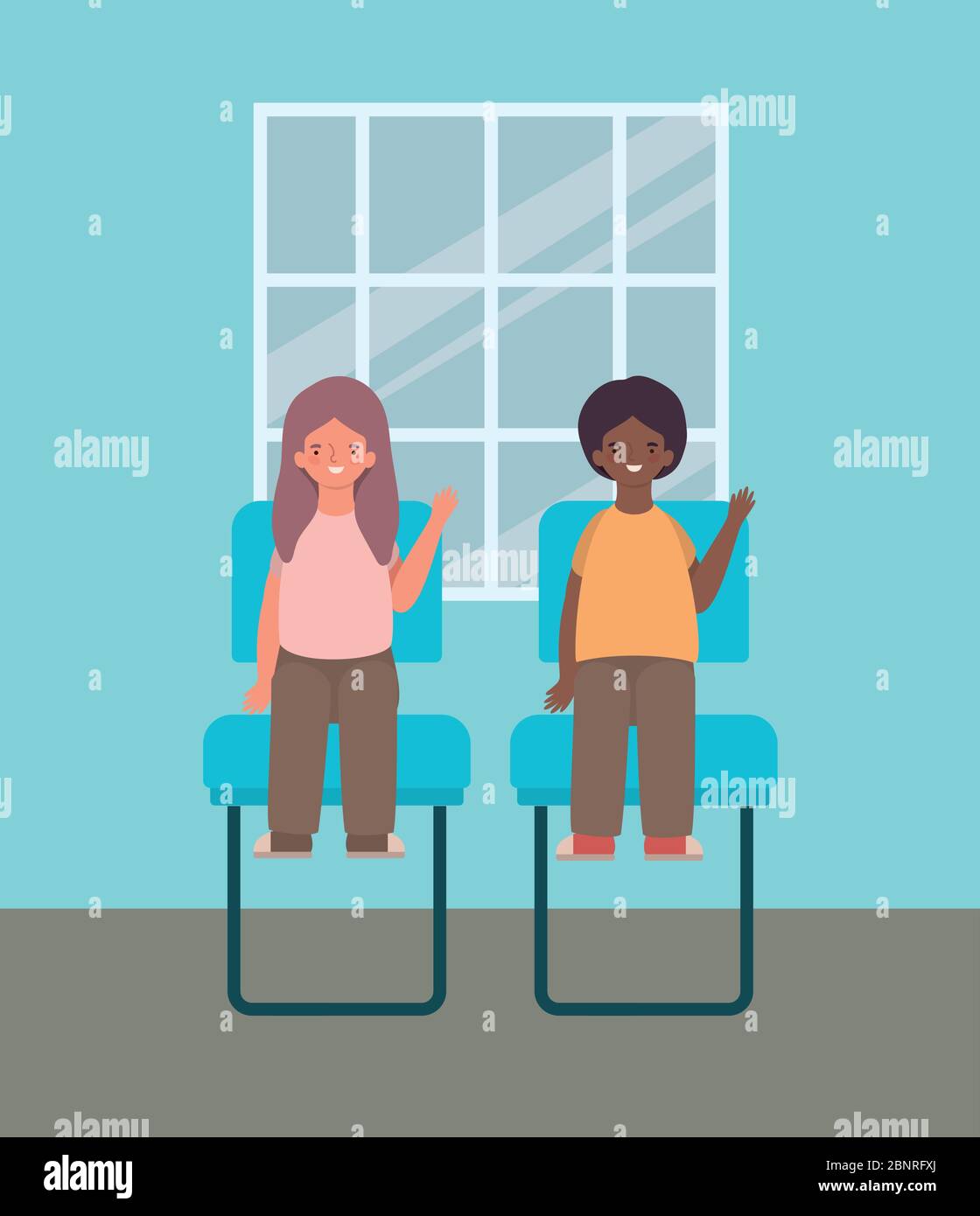 girl and boy cartoon sitting on seats vector design Stock Vector Image ...