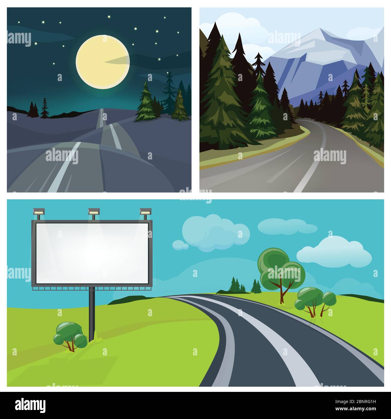 Road to city. Highway and different types of urban road over hills ...