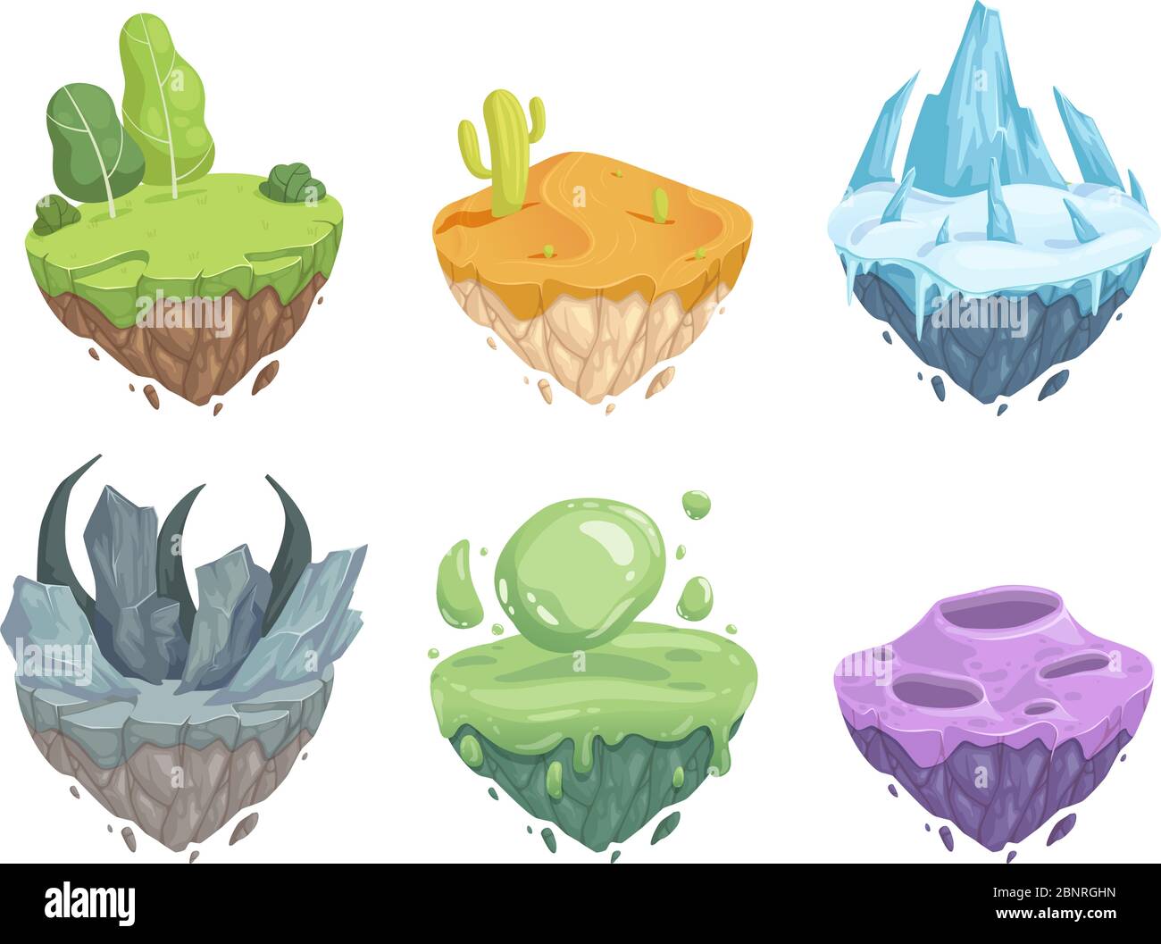 Flying islands. Cartoon isometric landscape ice rock grass surface ...