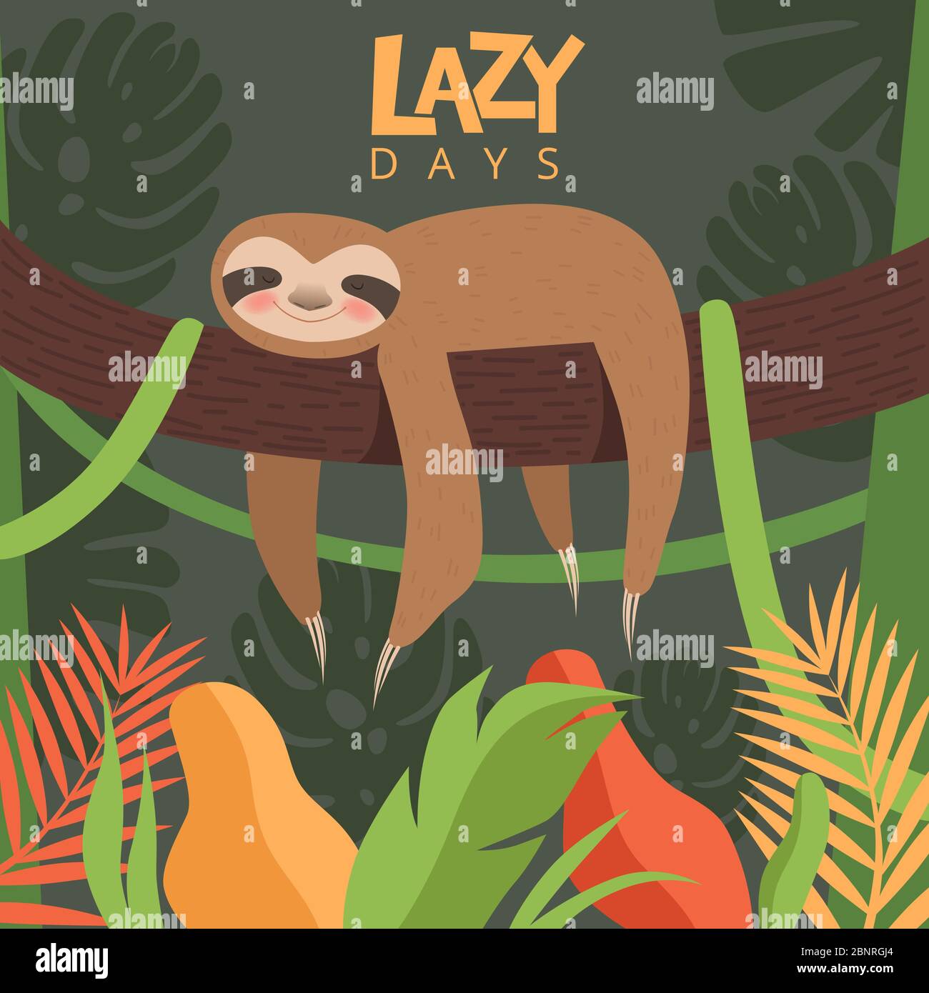 Sloth hanging branch. Poster design template with little sleepy baby ...