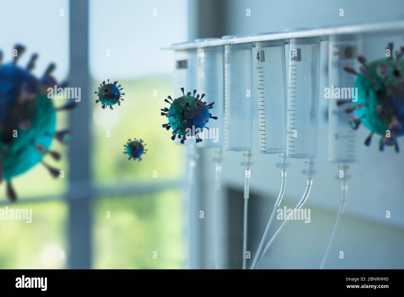 Corona viruses in a laboratory with medical utensils looking out the ...