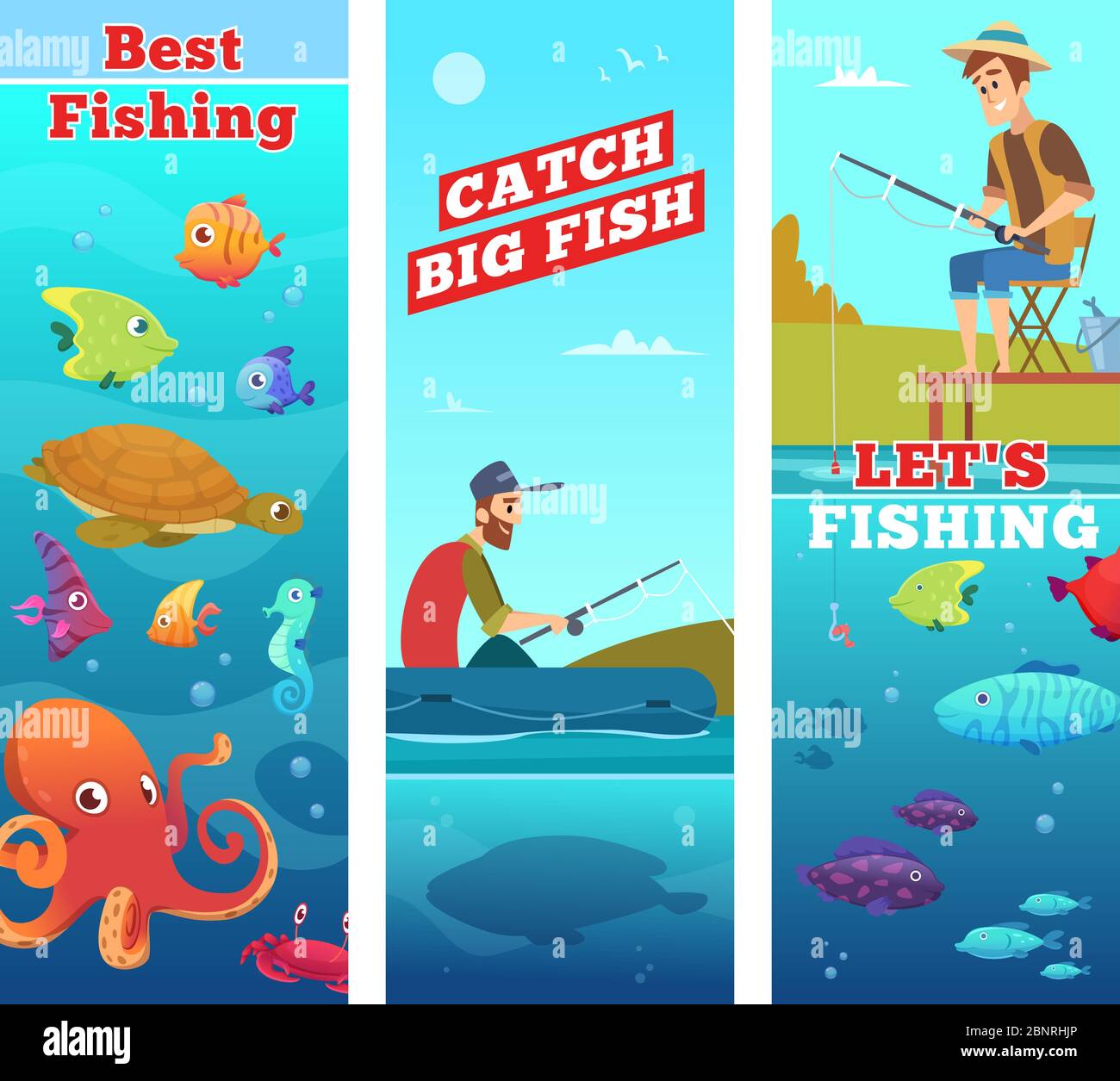 Fishing banners. Underwater sea river ocean fish octopus turtle ...
