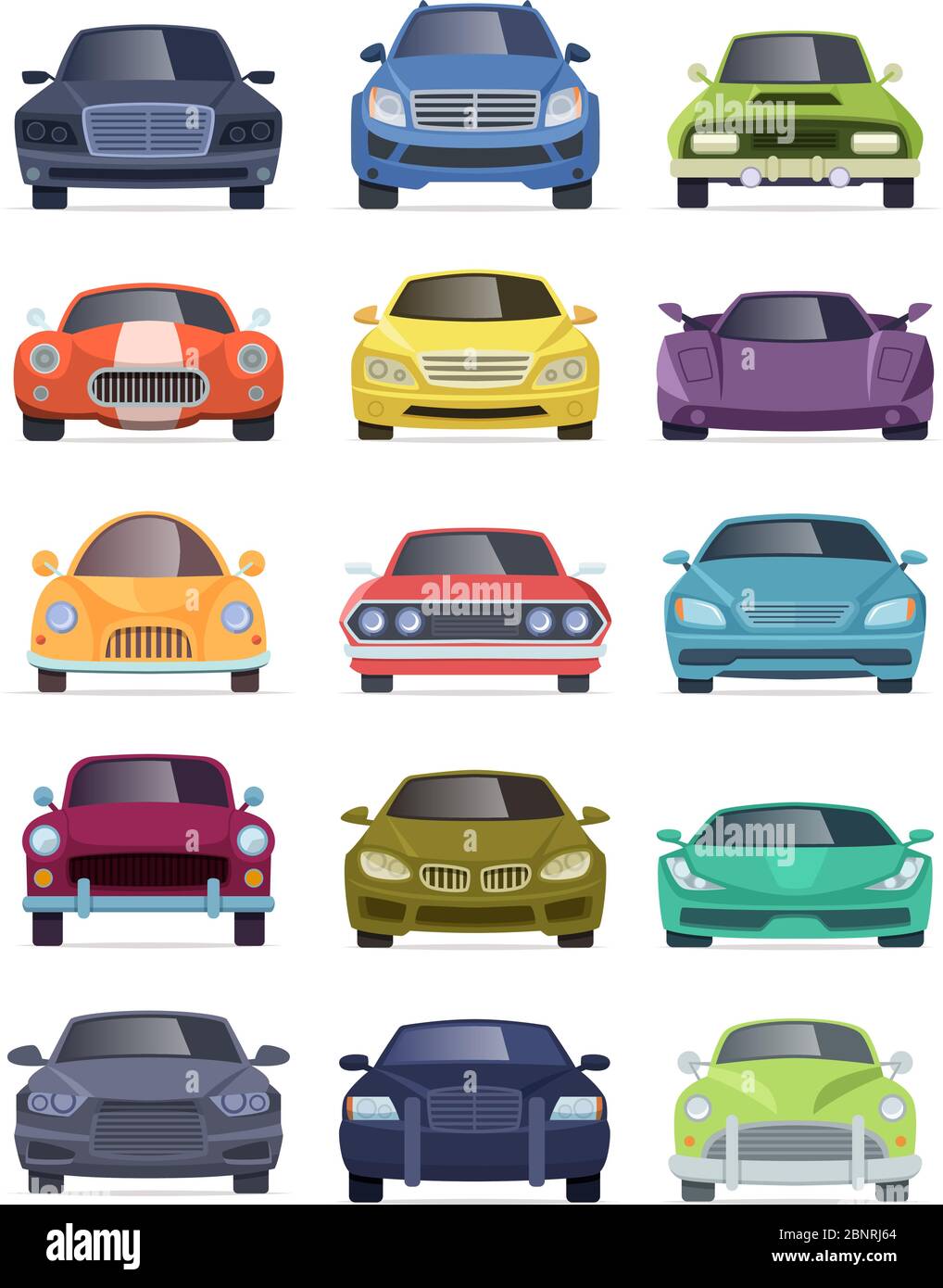 Vehicles front view. Transport automobiles taxi bus truck cartoon cars ...