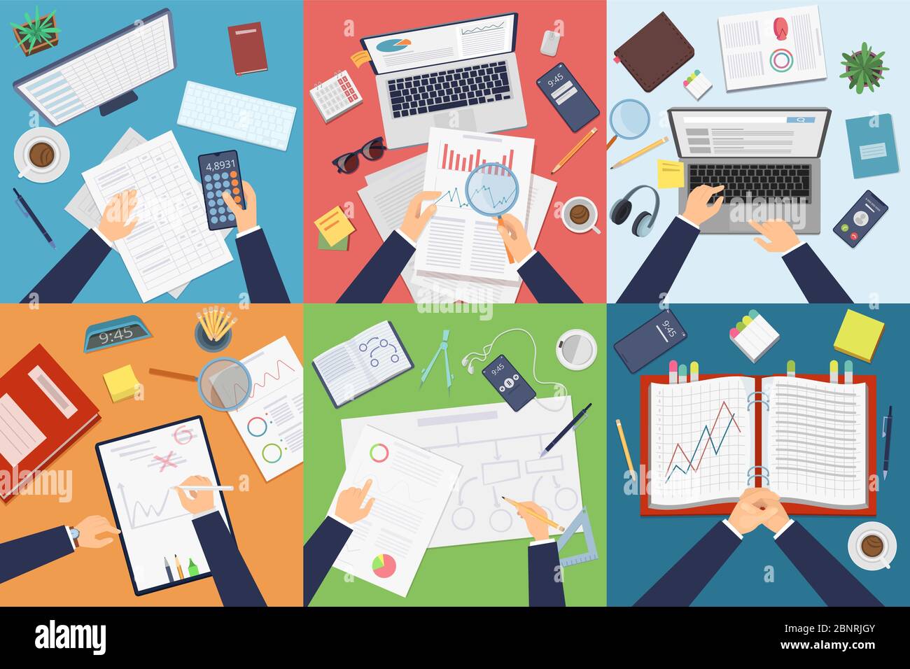 Workplace top view. Businessman professional working at table analyzing ...