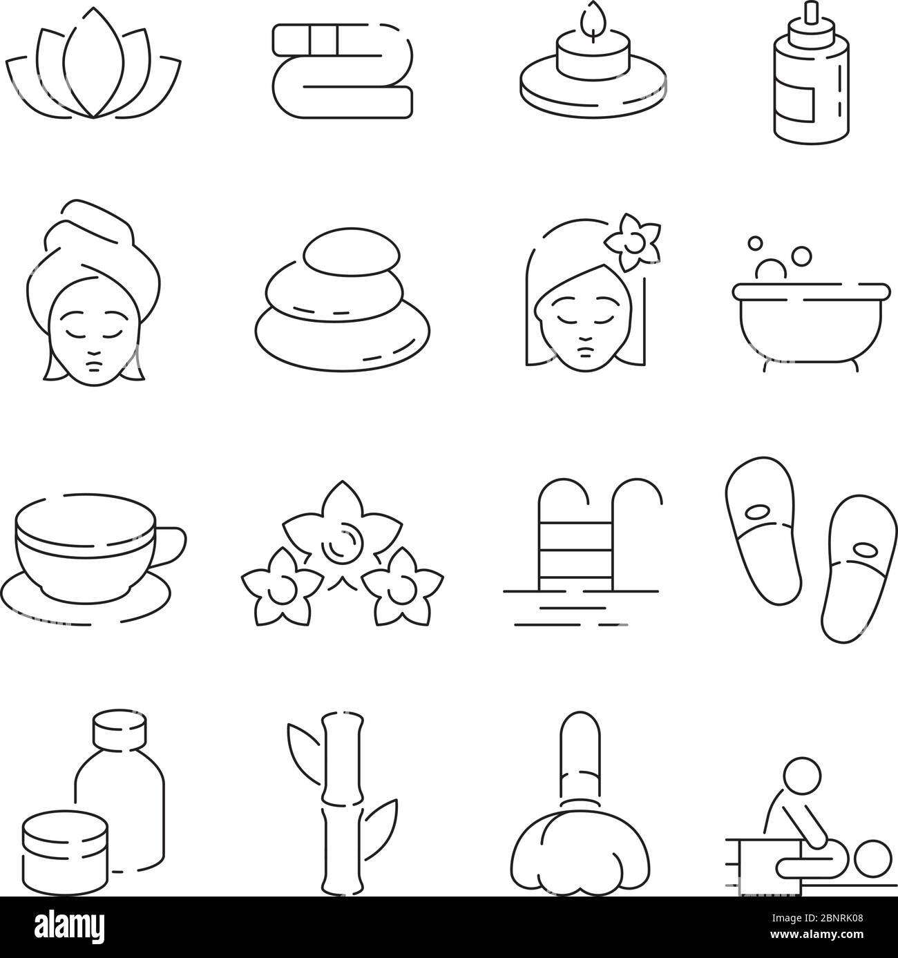 Spa icon set. Wellness therapy massage woman relaxing sauna pool with flowers candles and stones ...