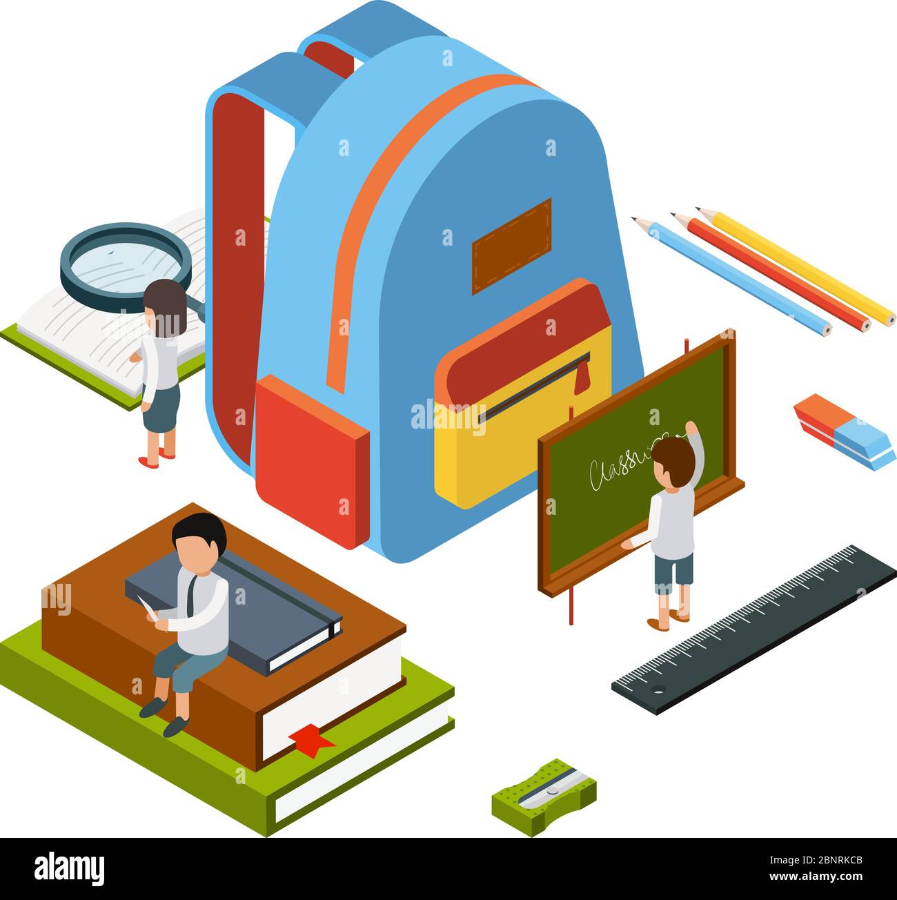 Backpack isometric. School stationary items education happy people ...