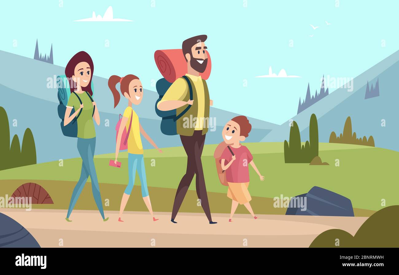 Family hiking background. Walking couples in mountains kids with parents tourists travellers ...