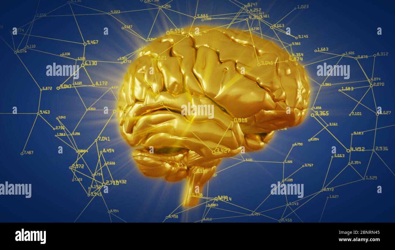 3d illustration golden brain with computational and mathematical data ...