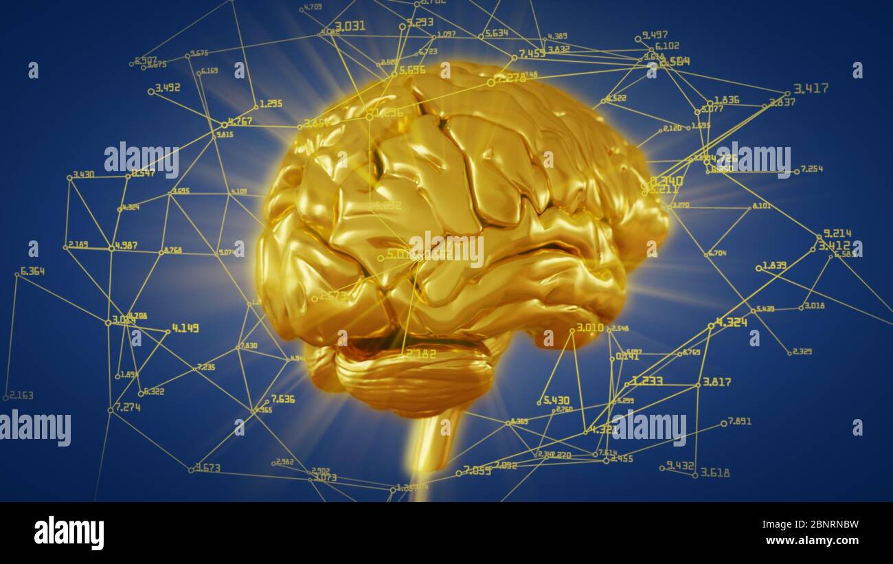 3d illustration golden brain with computational and mathematical data ...