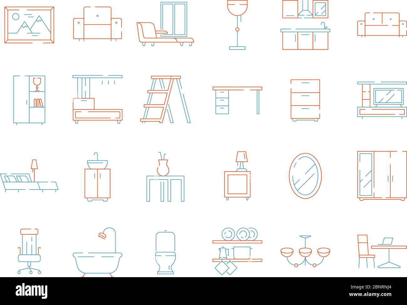 Colored furniture icon. Room interior items chair table bed fireplace ...