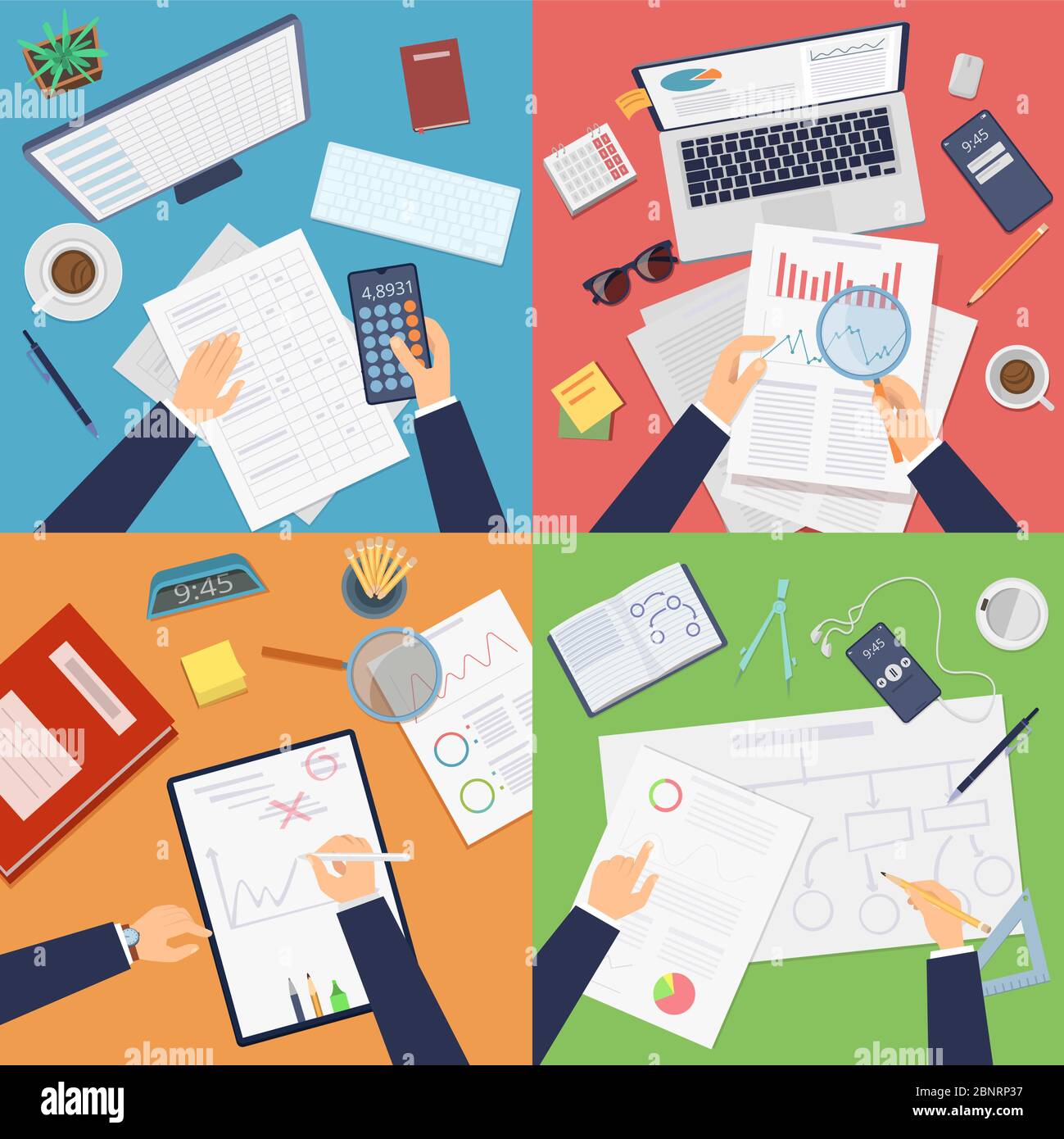 Business workplace top view. Businessman working analytics reporting ...