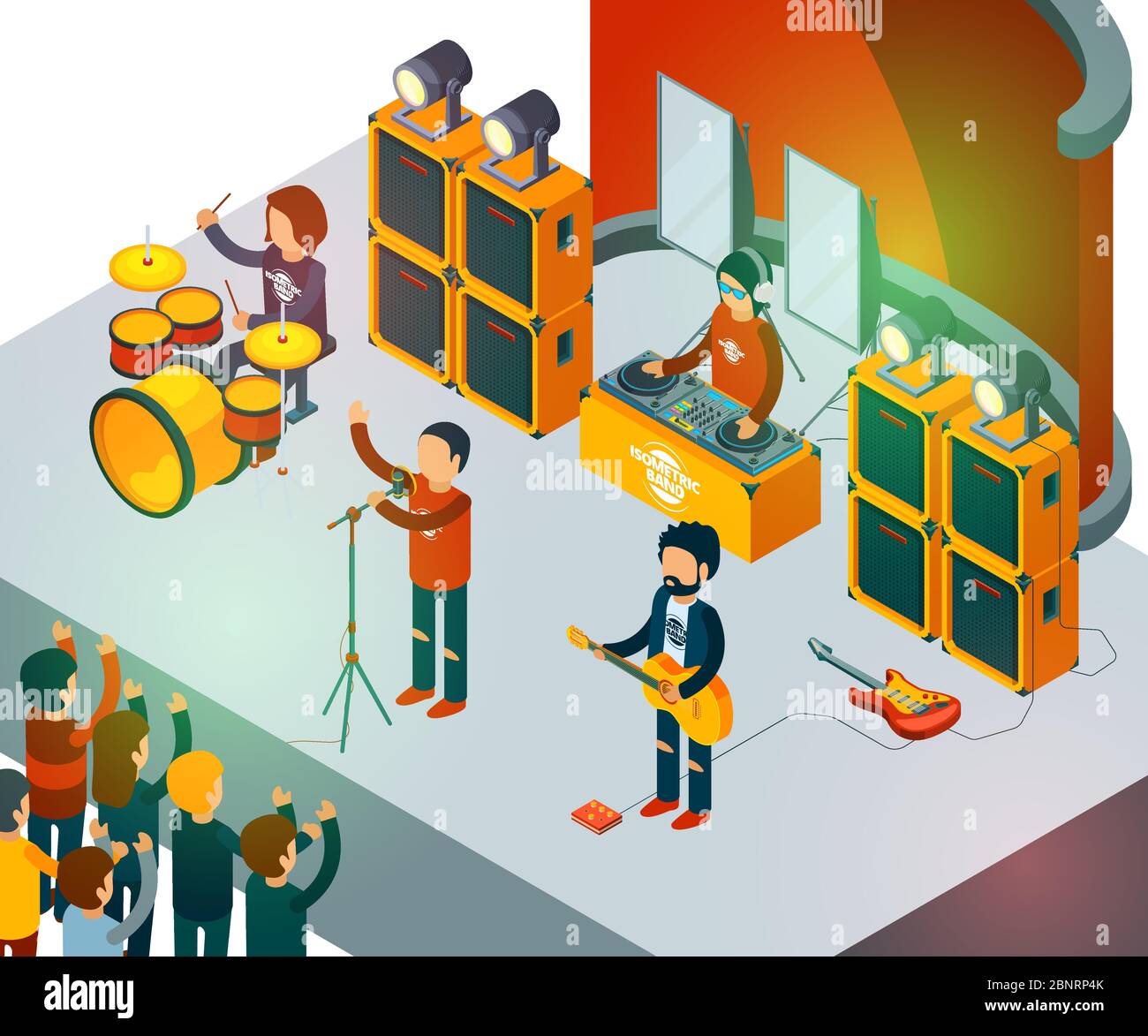 Concert scene. Isometric rock band singing people entertainment crowd ...