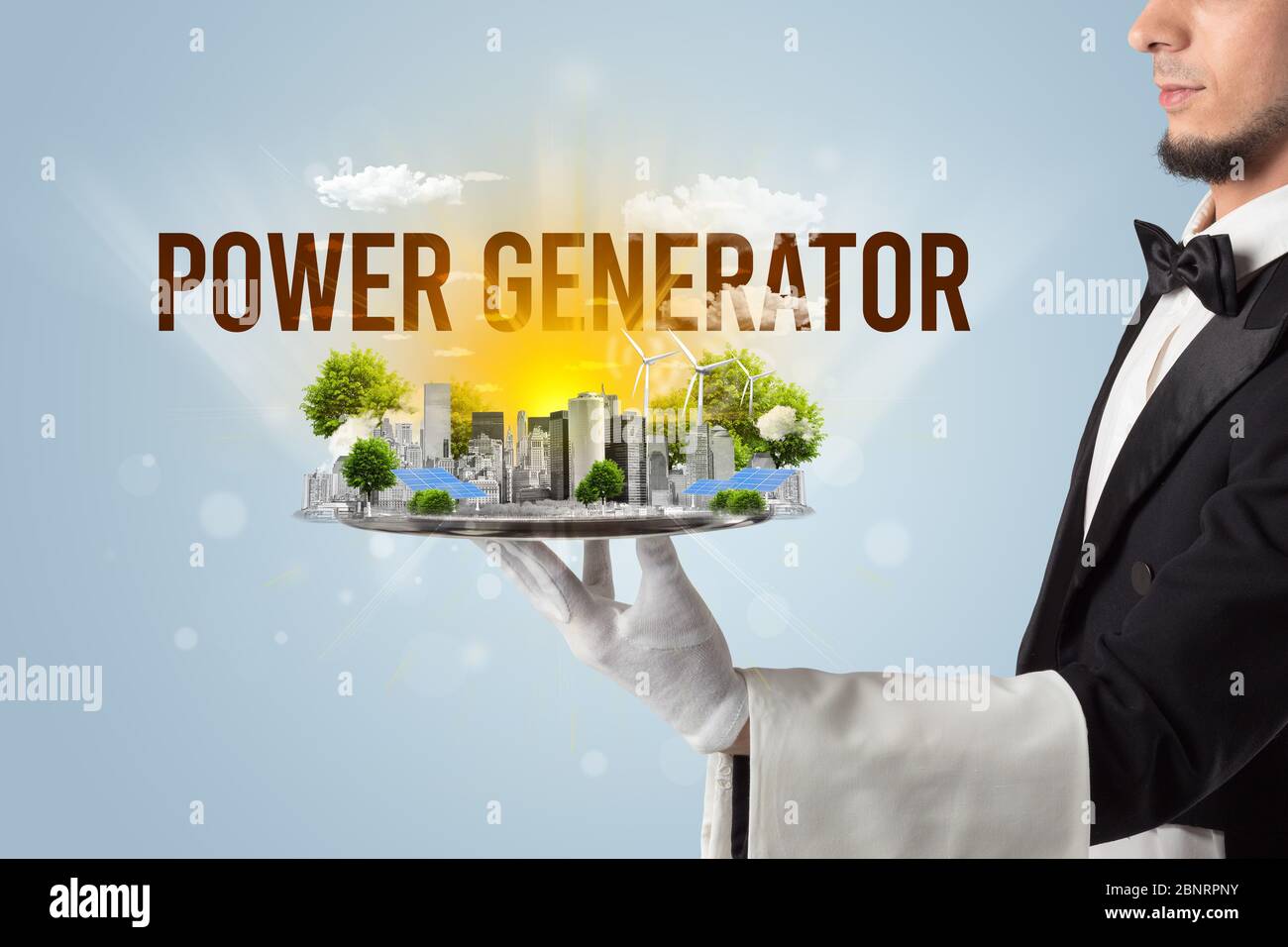 Waiter serving eco city with POWER GENERATOR inscription, renewabke ...