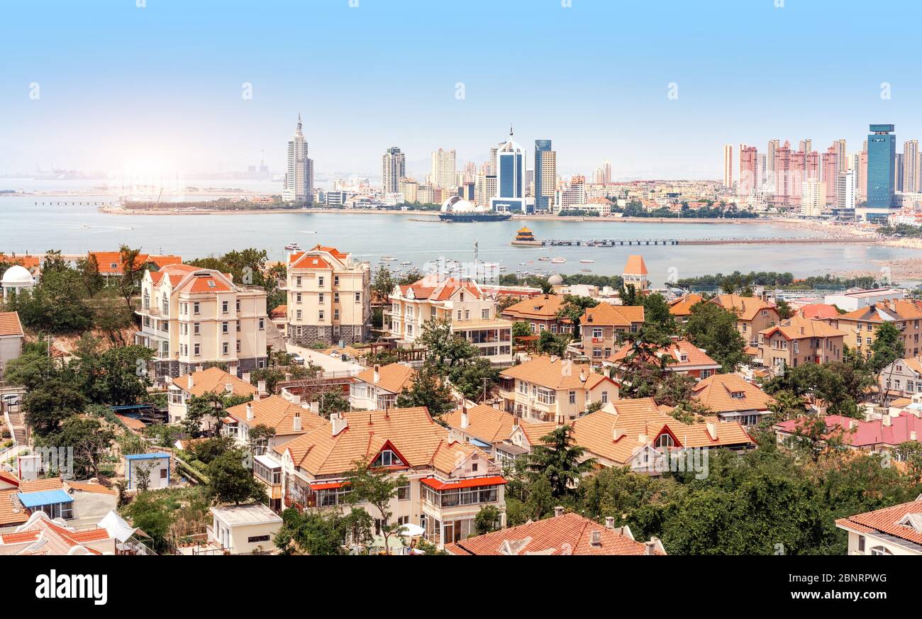 Bird's eye view of red roofs and cityscape, Qingdao, China Stock Photo ...