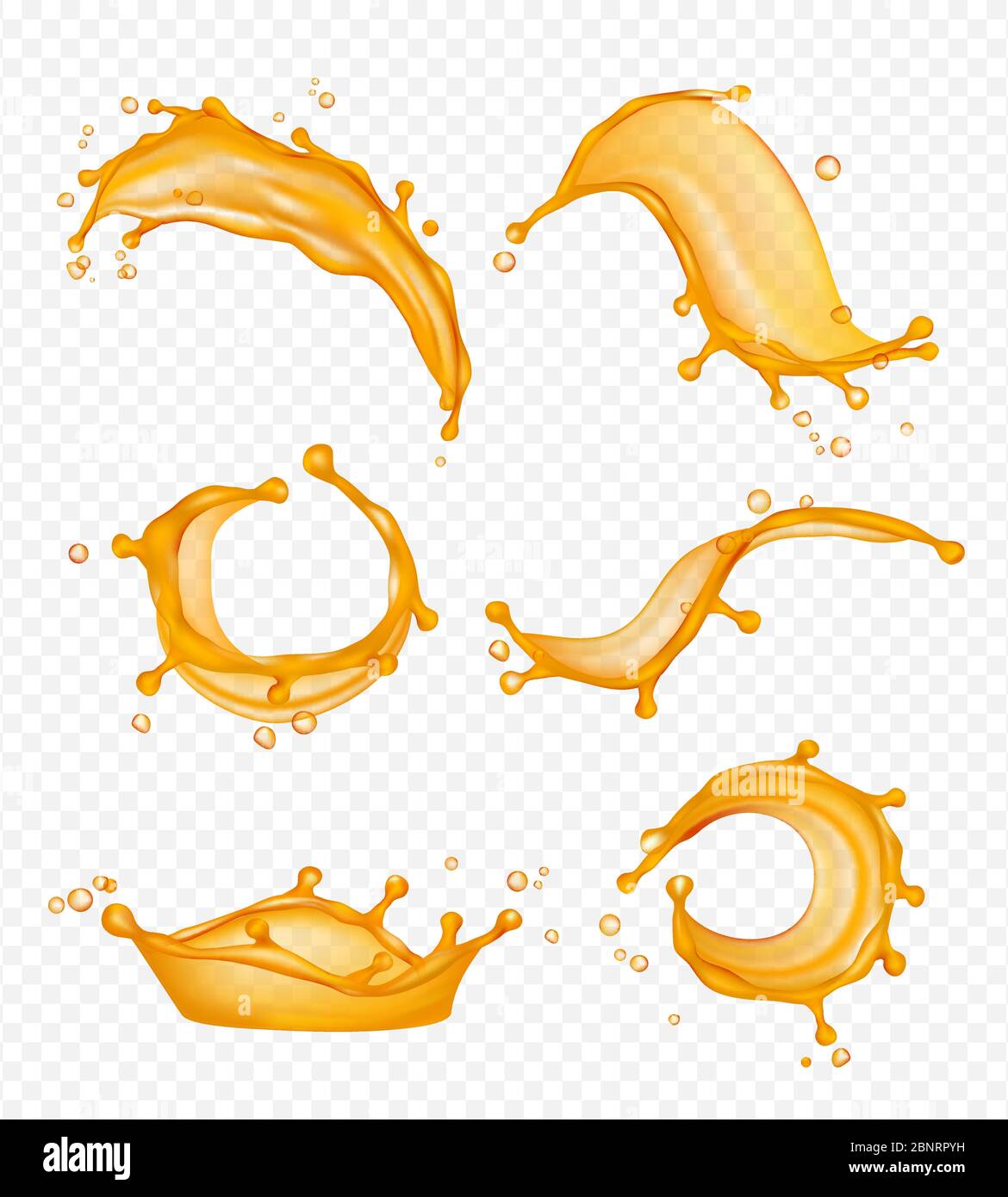 Juice splashes. Liquid fresh fruits drops vector realistic pictures ...