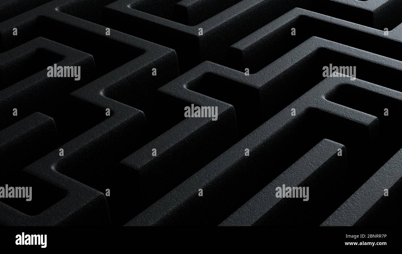 3d illustration closeup of dark black labyrinth maze pattern with ...