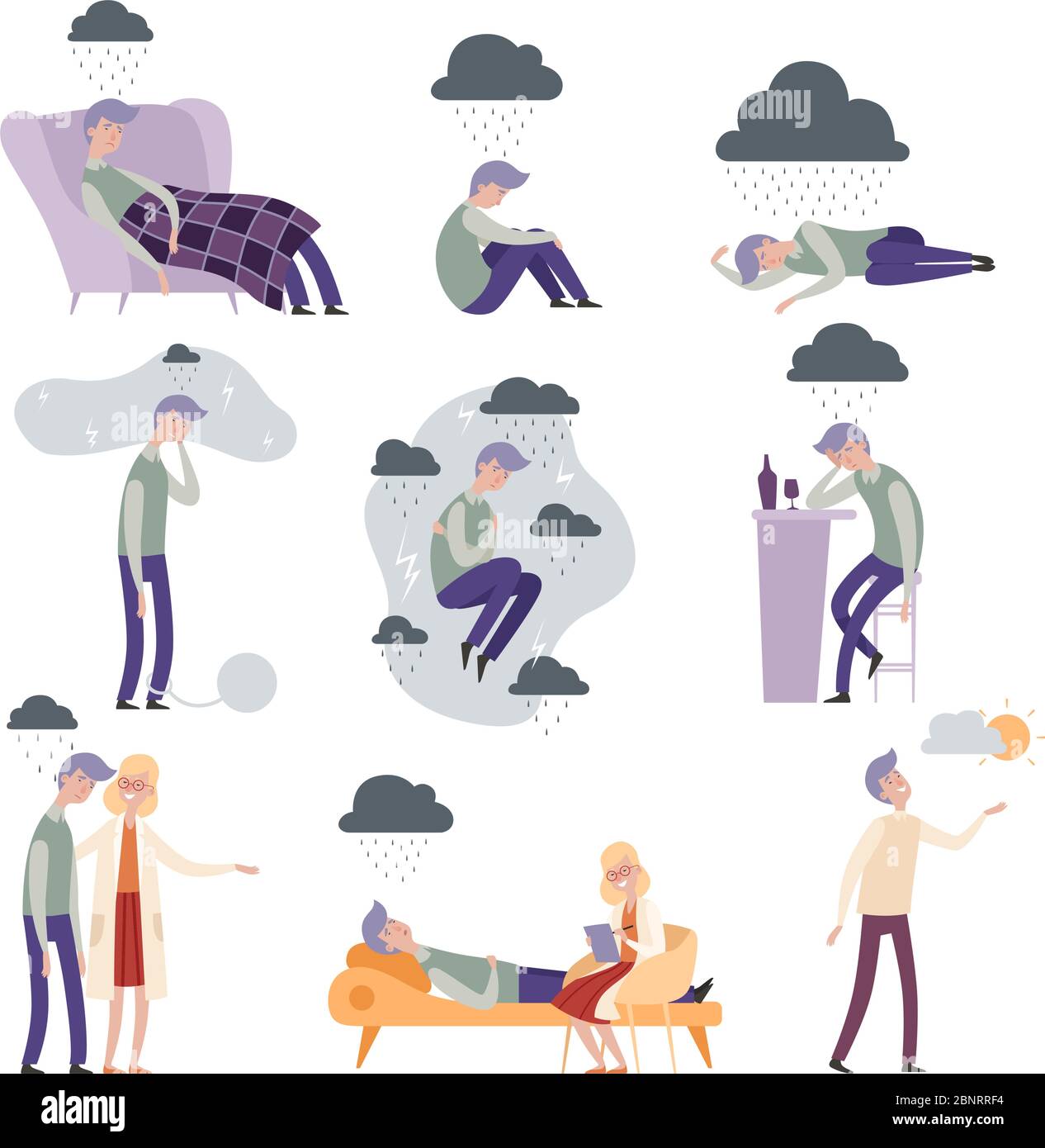 Psychologist characters. Depressed people unhappy alone and frustrated ...