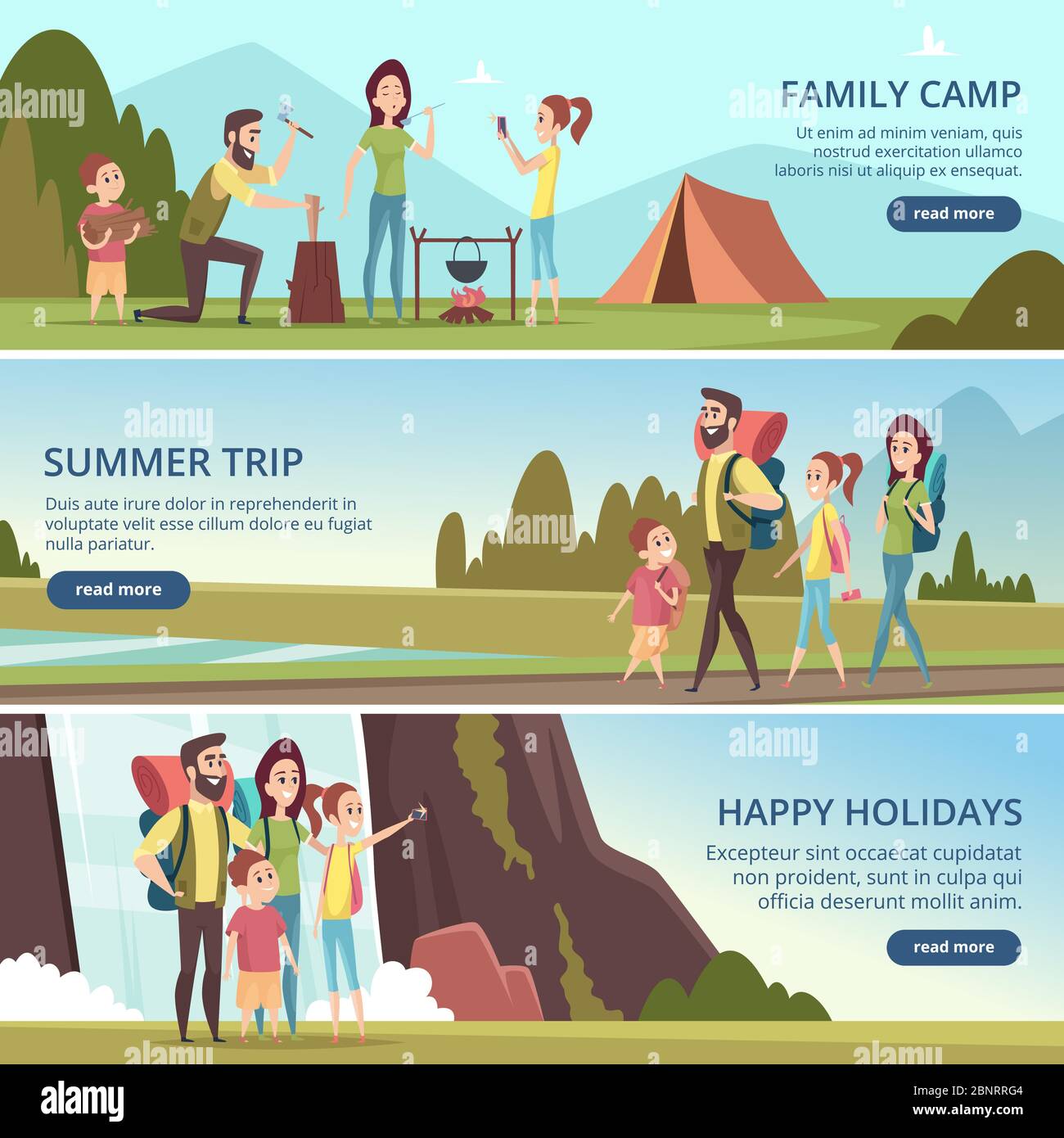 Family hiking banners. Kids with parents camping outdoor explorers ...