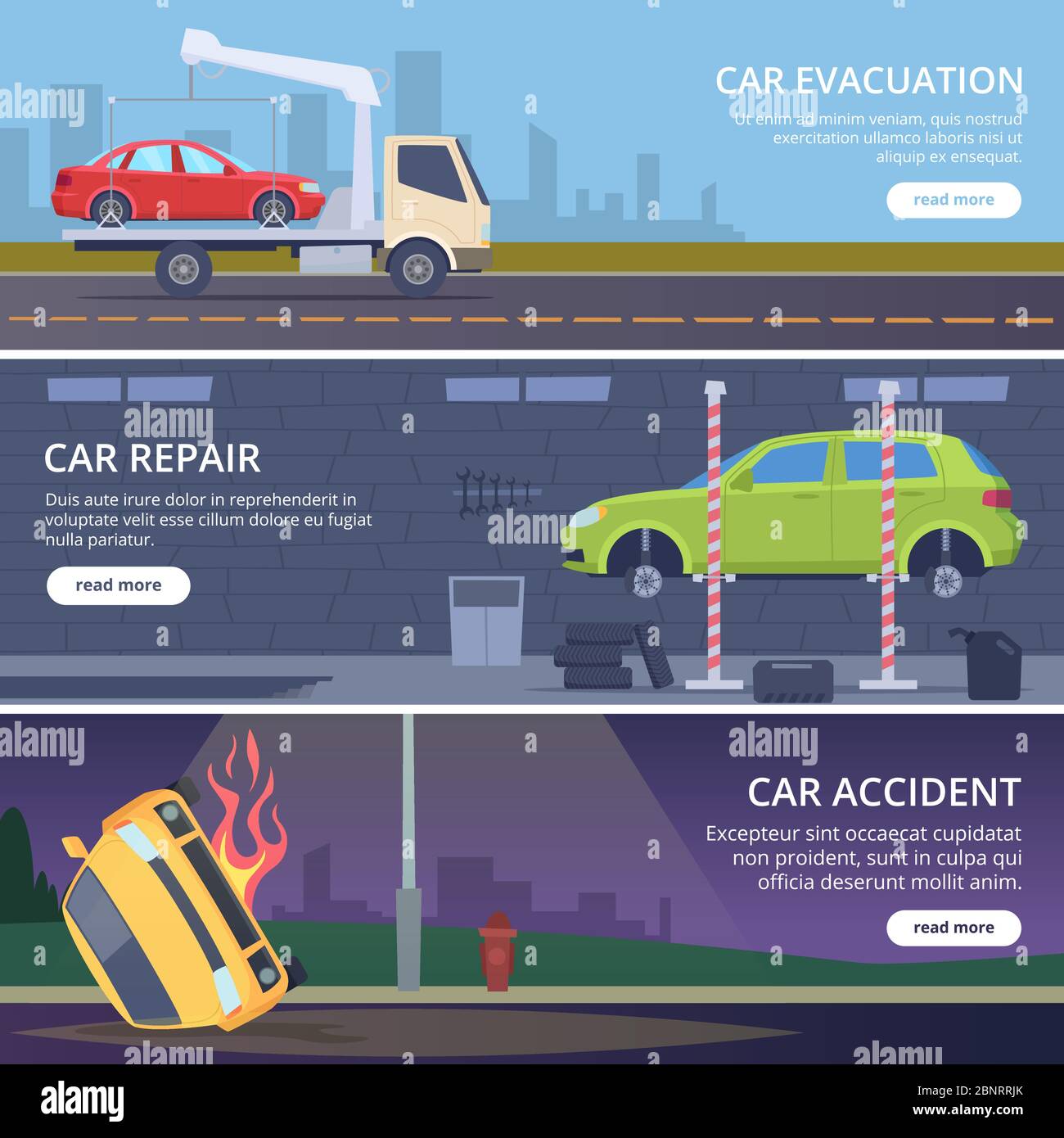 Accident road banners. Urban landscape with damaged cars crash broken ...
