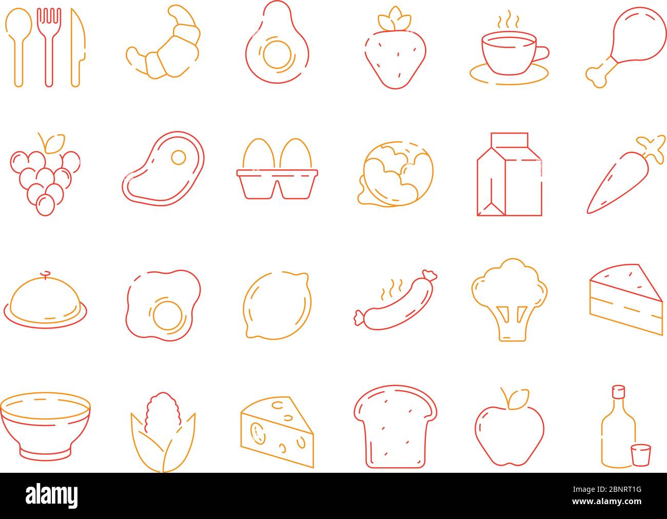 Food colored icon. Bread fish fruits vegetables menu items and kitchen ...
