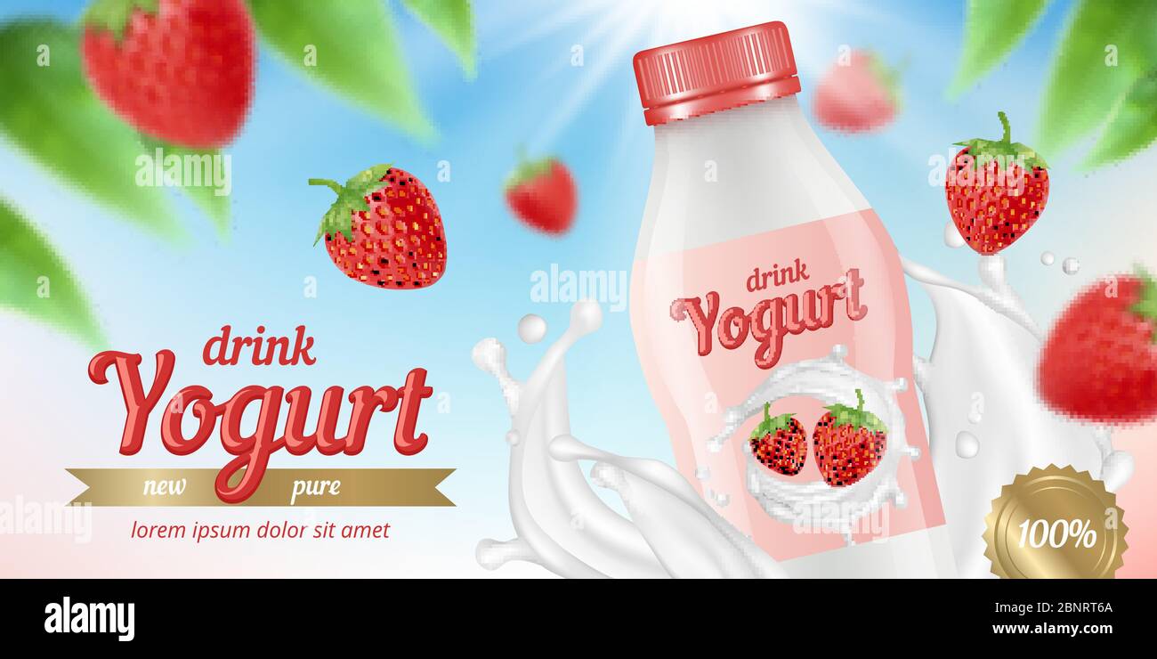 Yogurt advertizing. Placard with package of fruit yogurt milk and cream ...