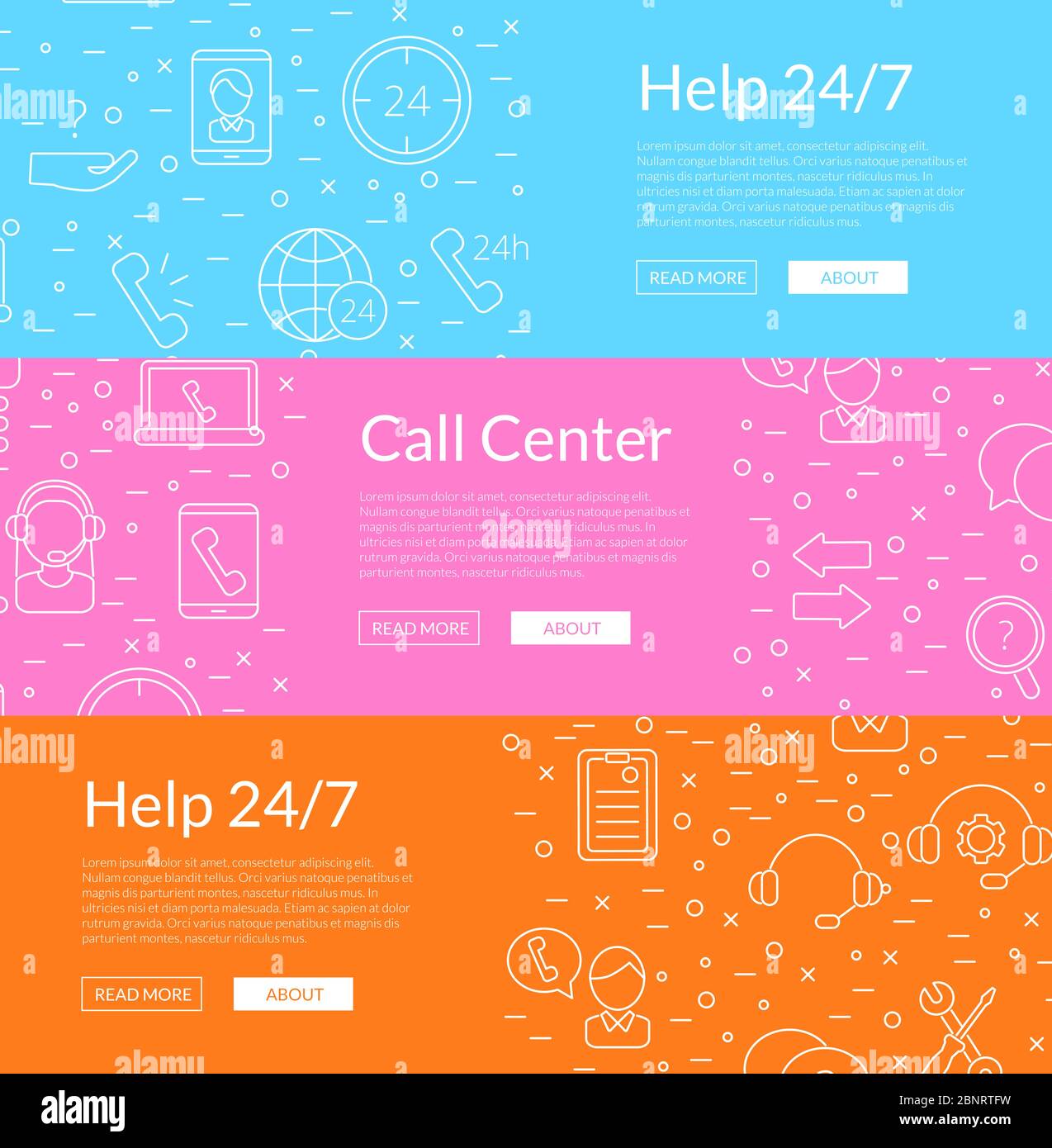 Vector line call support center icons web banner templates illustration ...