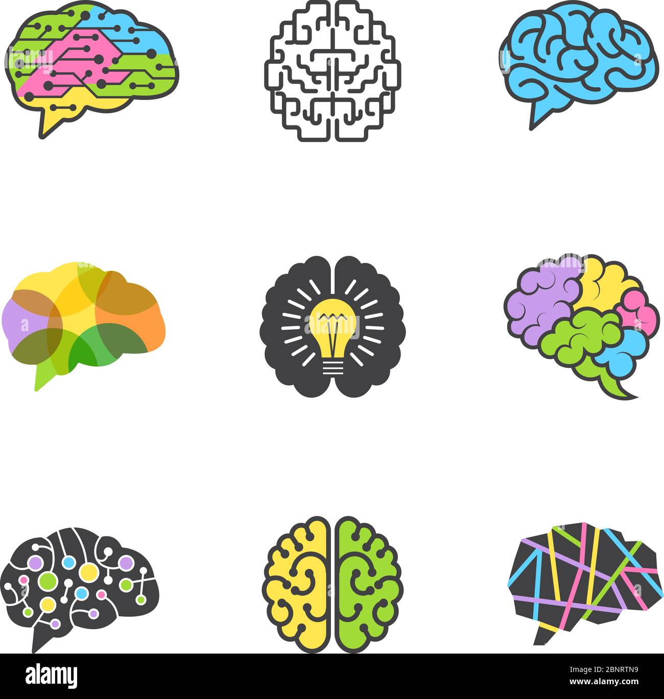 Brain colored symbols. Creative mind genius smart idea brain vector ...