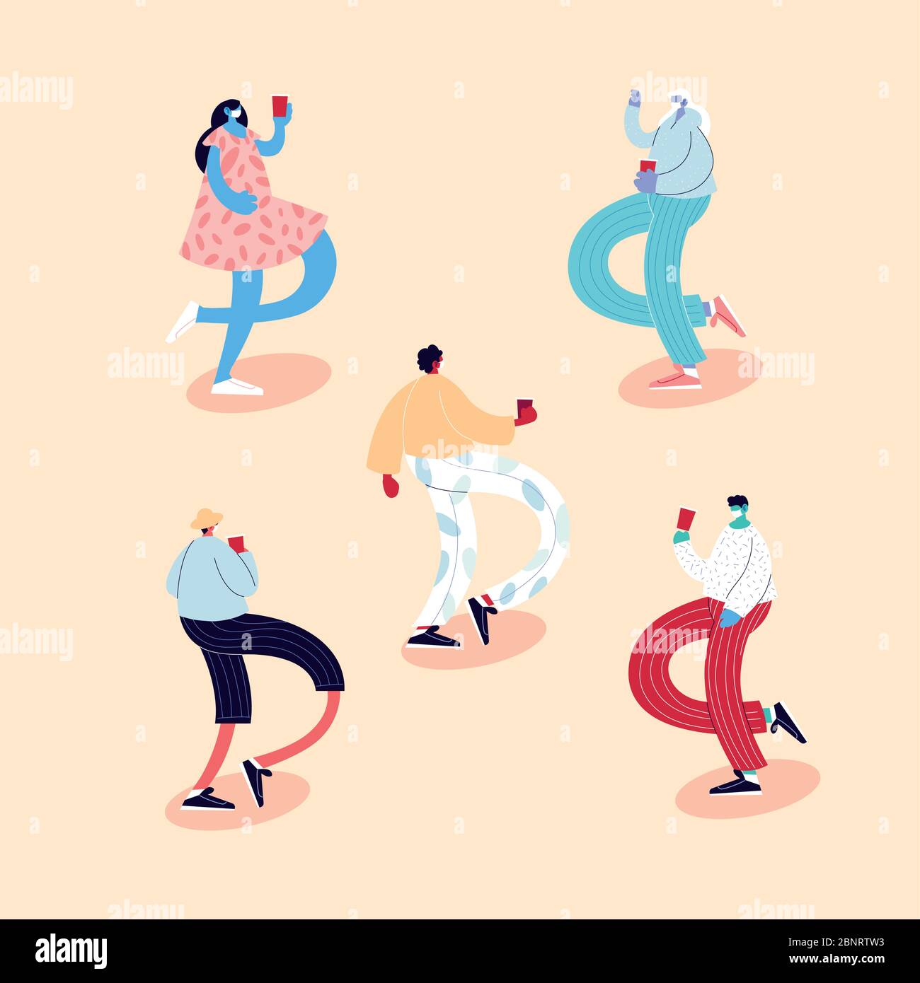 set of people dancing different poses using face masks vector ...