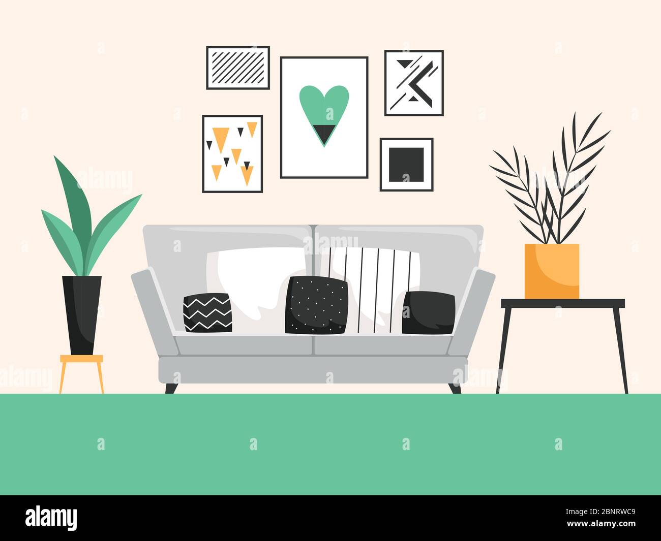 Interior with sofa. Living room with cofortable furniture detailed ...