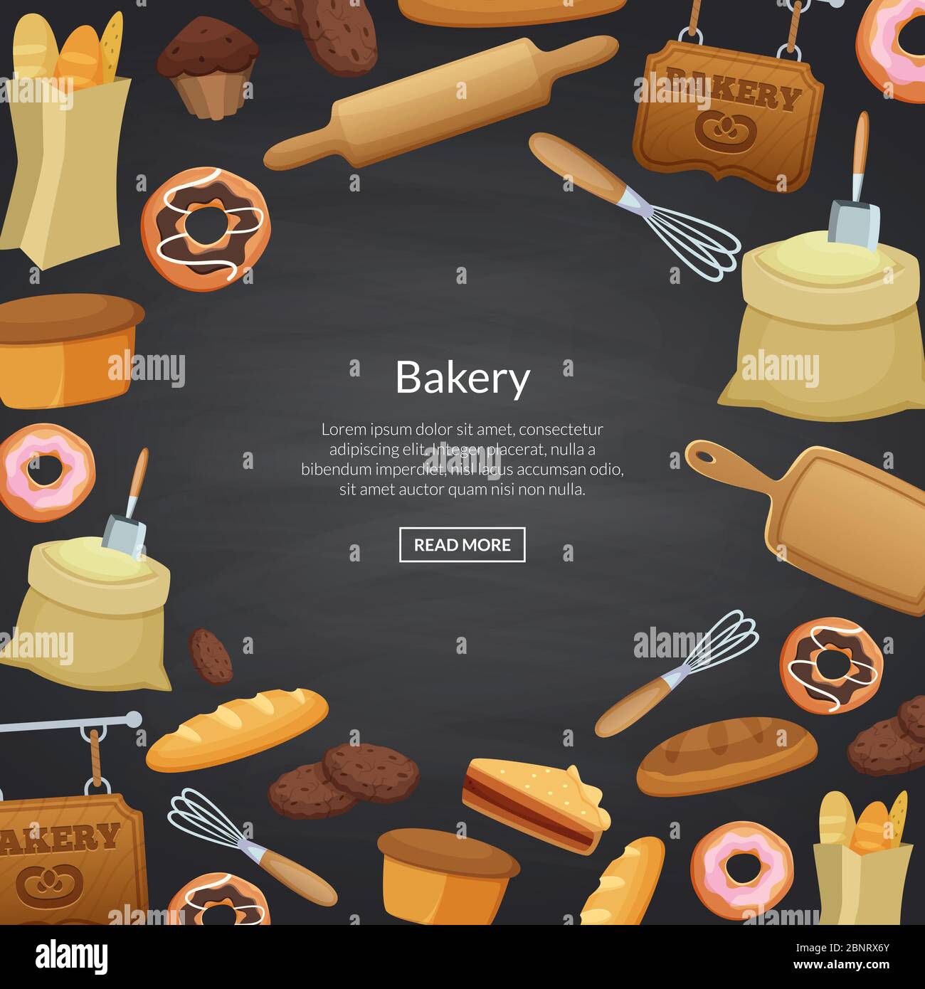 Vector cartoon bakery elements sale poster background with ribbons and shadows with place for ...