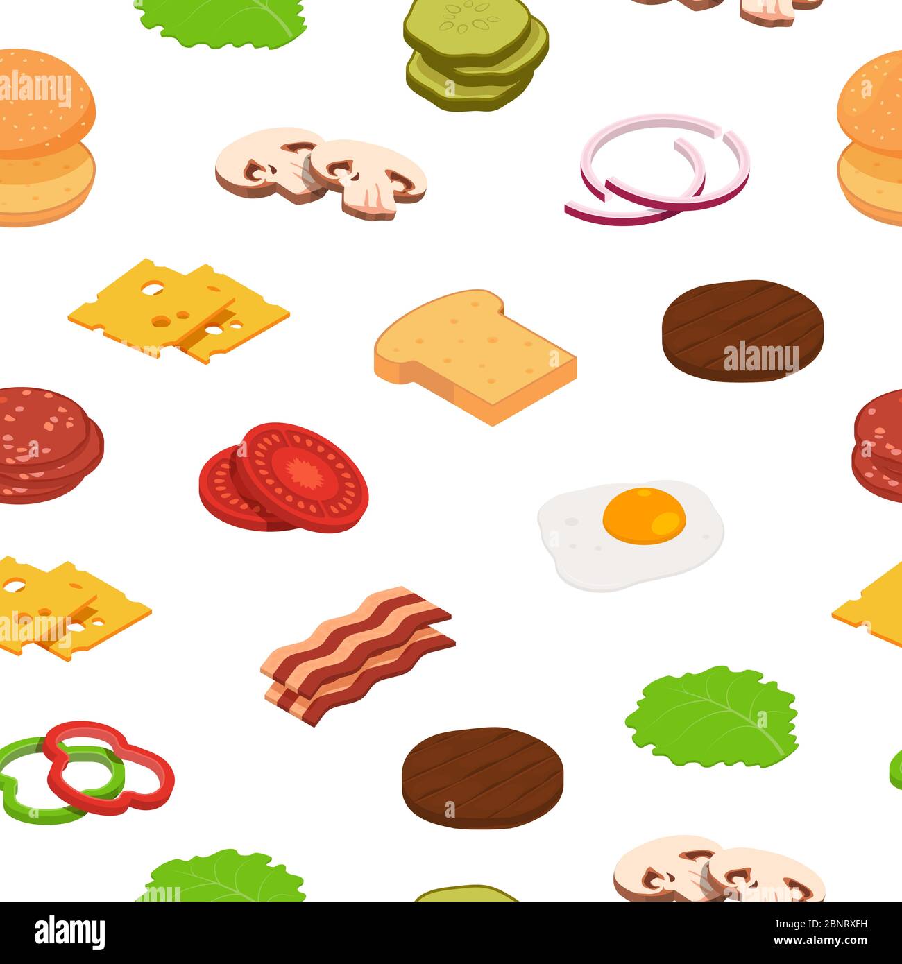 Vector isometric burger ingredients pattern or background illustration ...