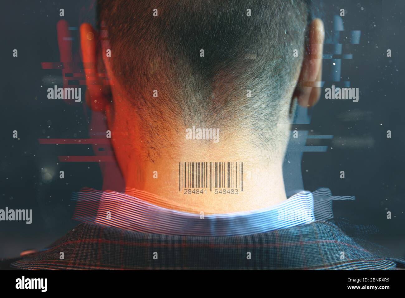 Back of man's neck with barcode. Photo in futuristic stylization with ...