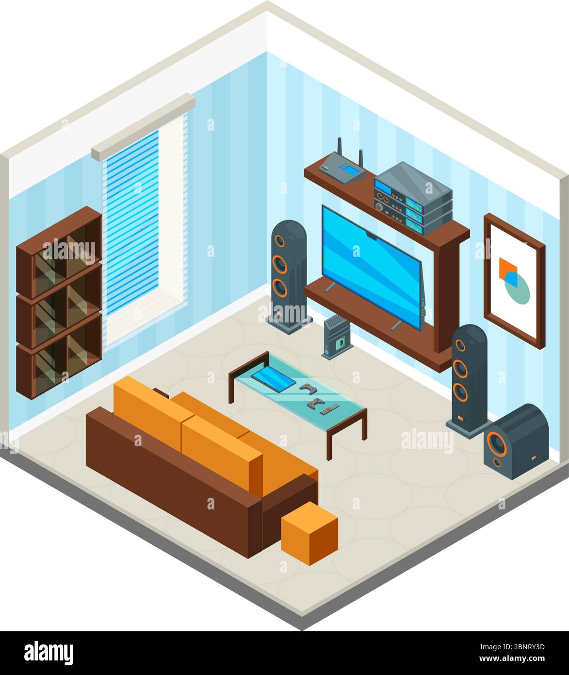 Living room interior. Entertainment home theatre table console tv set ...