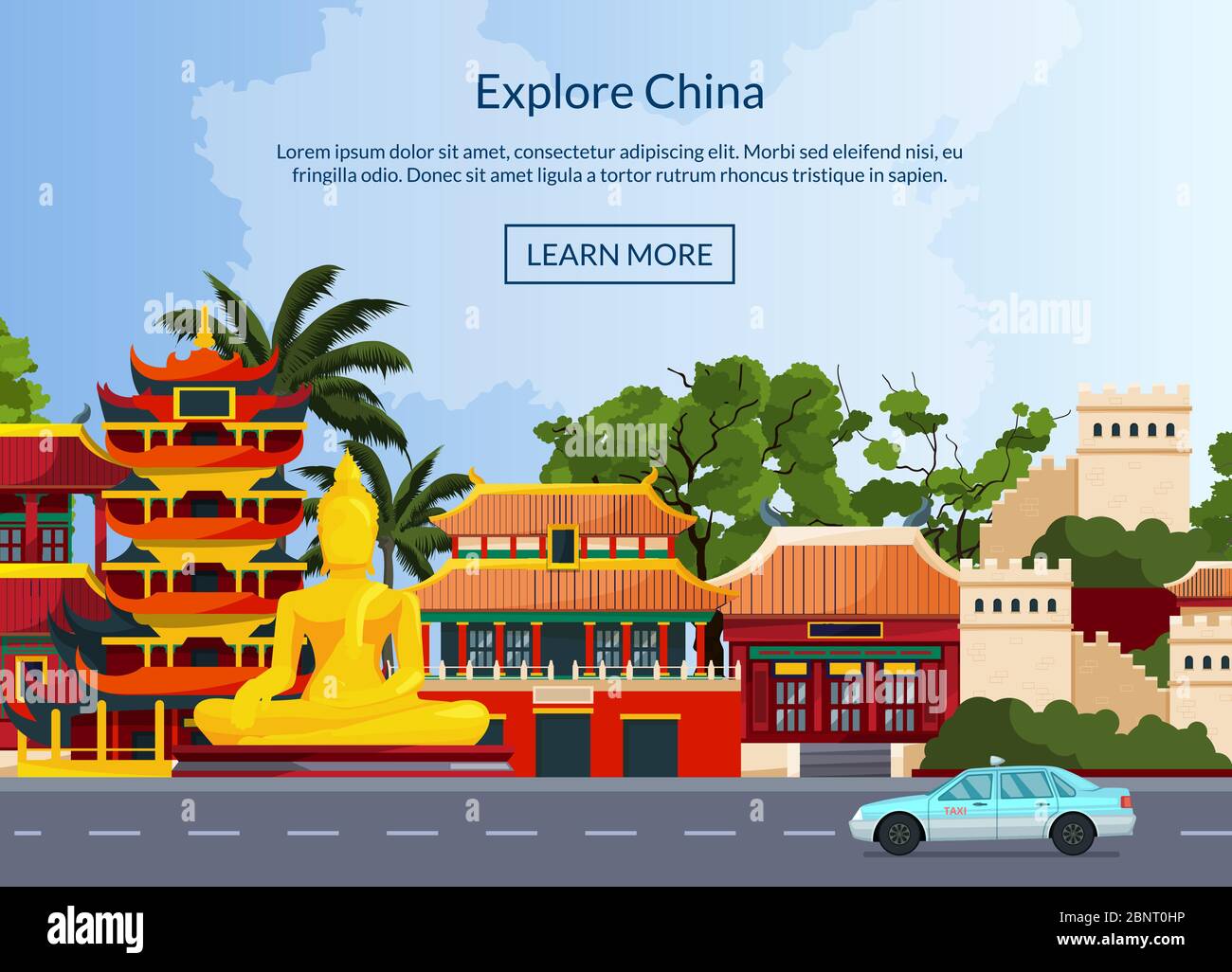 Vector flat style china elements and sights background illustration ...