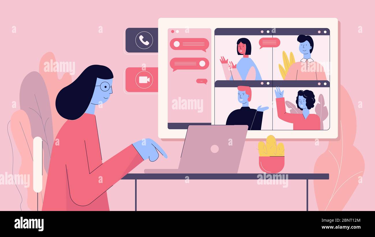 Cartoon woman connecting with friends at video conference vector flat ...