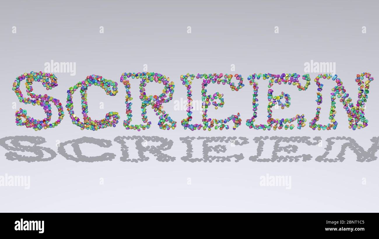 screen: 3D illustration of the text made of small objects over a white ...