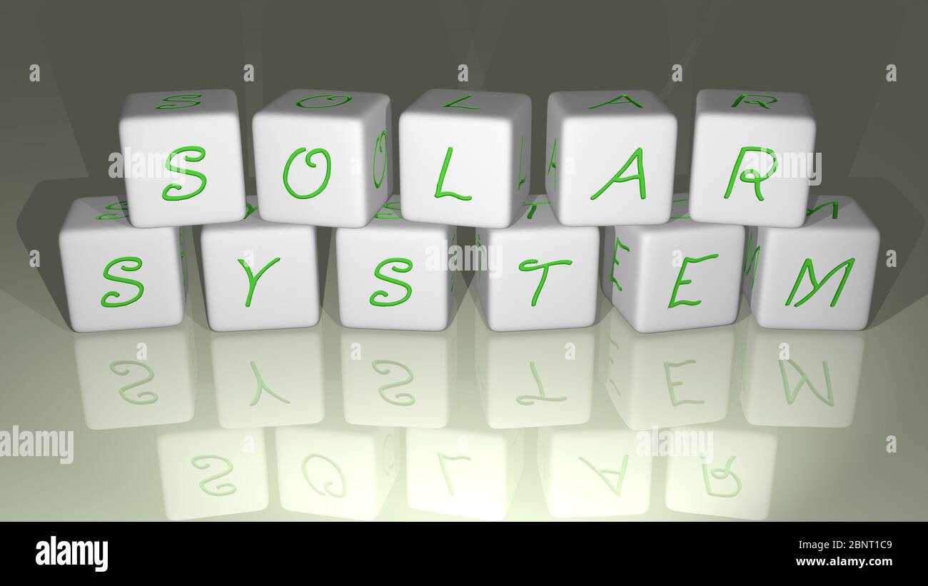 alphabetic Solar system arranged by cubic letters on a mirror floor ...