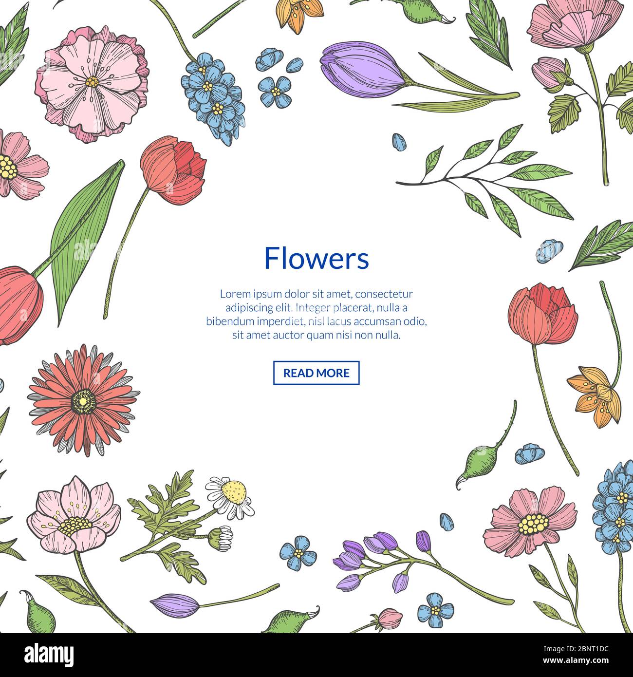 Vector hand drawn flowers background with place for text illustration ...
