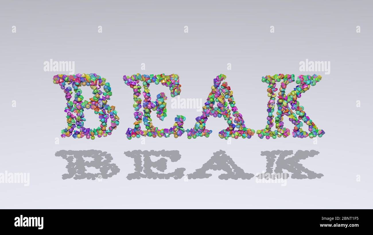 BEAK written in 3D illustration by colorful small objects casting ...